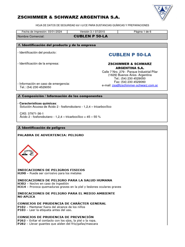 CUBLEN P 50-LA MSDS | PDF | Agua | Dióxido de carbono