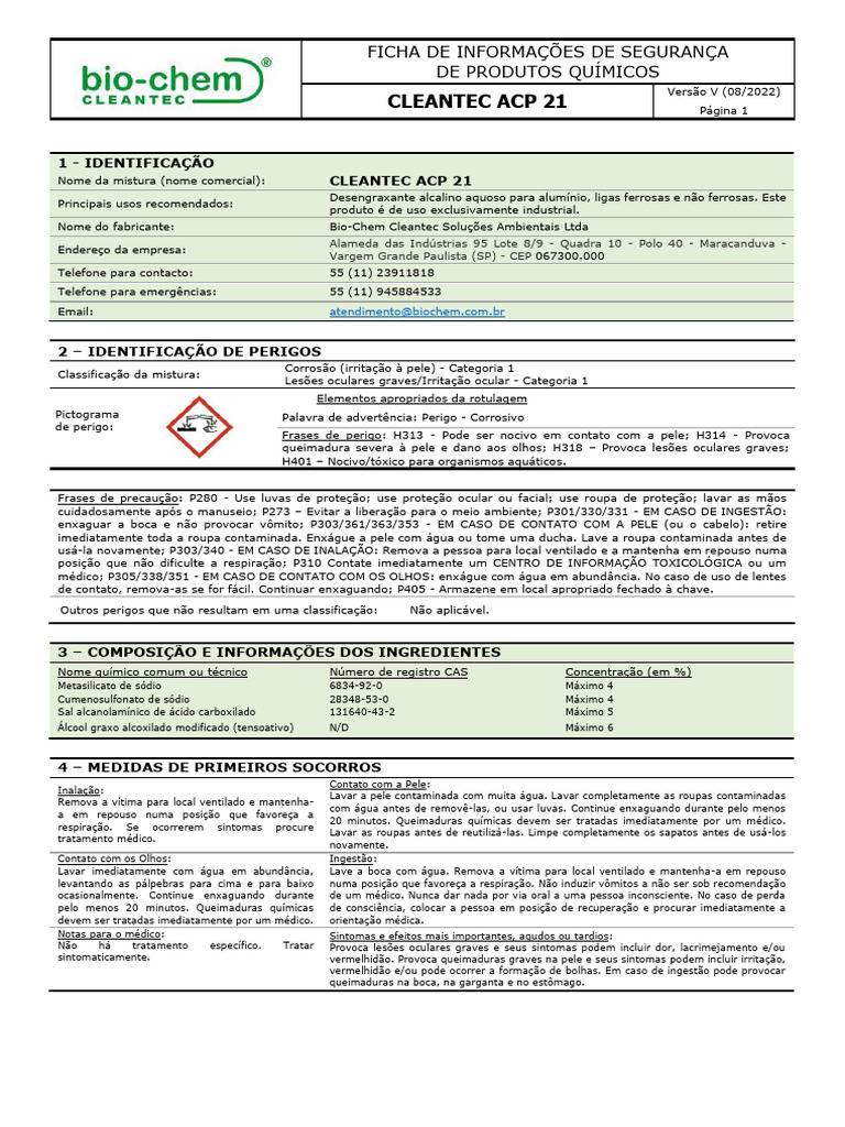 FISPQ Cleantec ACP 21 v5 | PDF | Desperdício | Queimadura