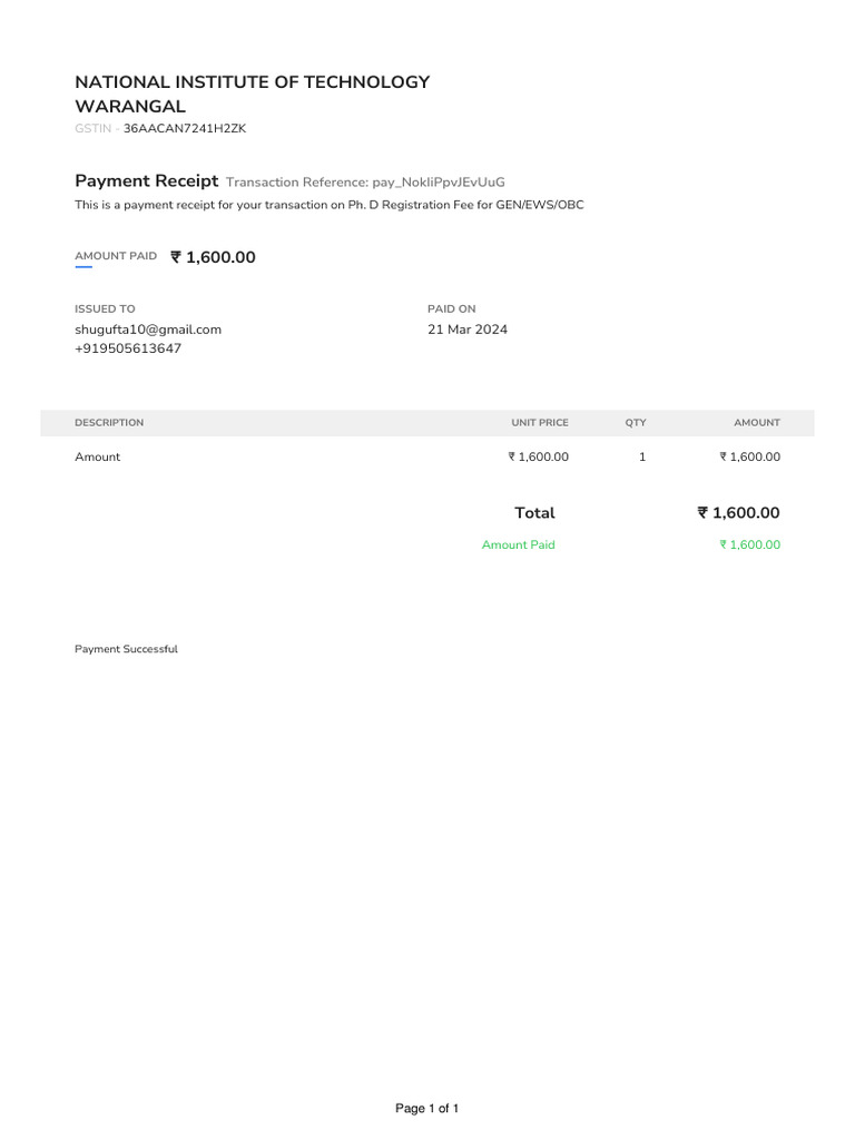Receipt Pay - Nokiippvjevuug From National Institute of Technology ...