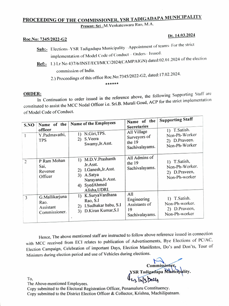 YSR Tadigadapa Municipality Election Staff Order | PDF | Politics Of ...