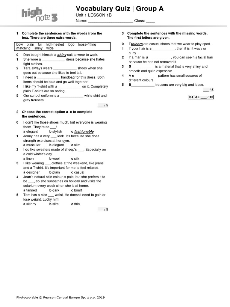 HighNote3 U1B Vocabulary Quiz A | PDF | Clothing | Trousers