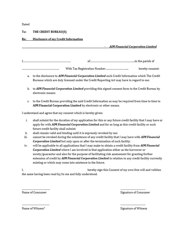Credit Information Disclosure Consent Form | PDF | Credit Bureau | Credit