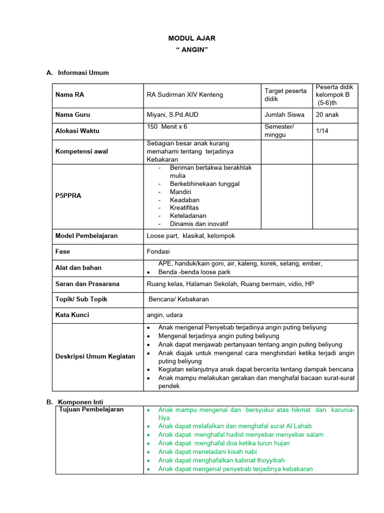 Modul Ajar Angin untuk Anak TK | PDF