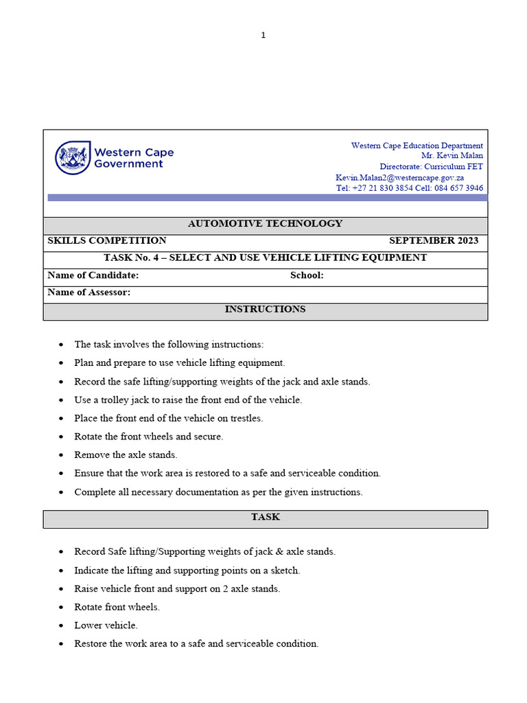 Vehicle Lifting Equipment Task Guide | PDF