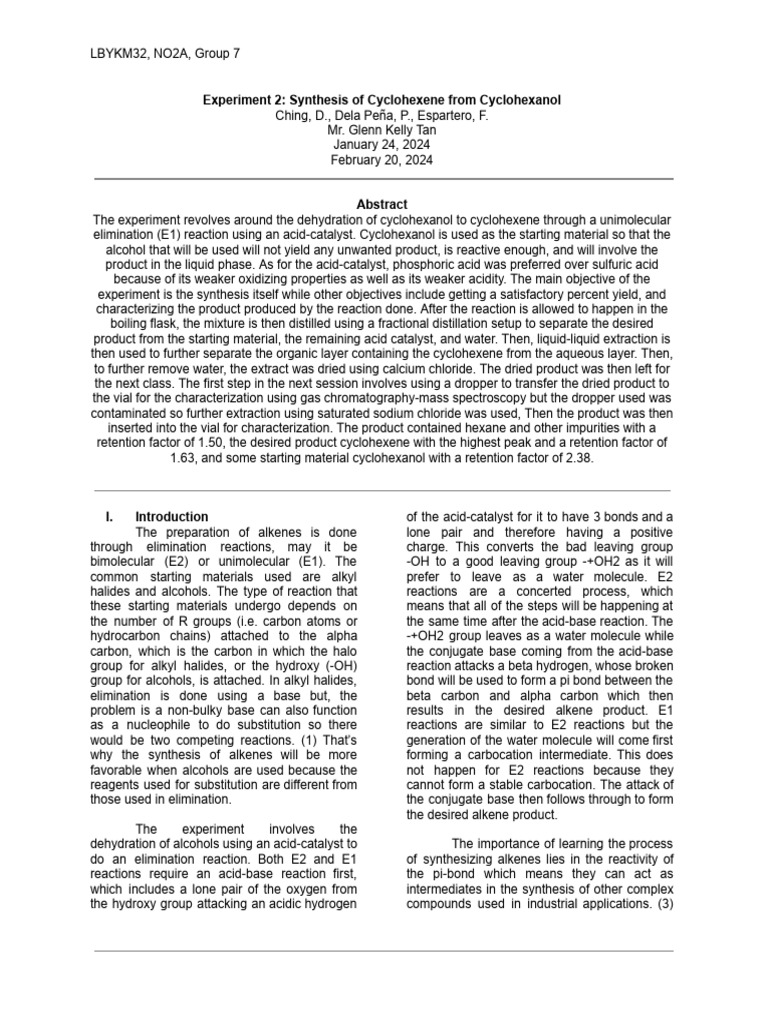 Synthesis of Cyclohexanol To Cyclohexene - Lab Report | PDF | Alkene | Chemical Reactions