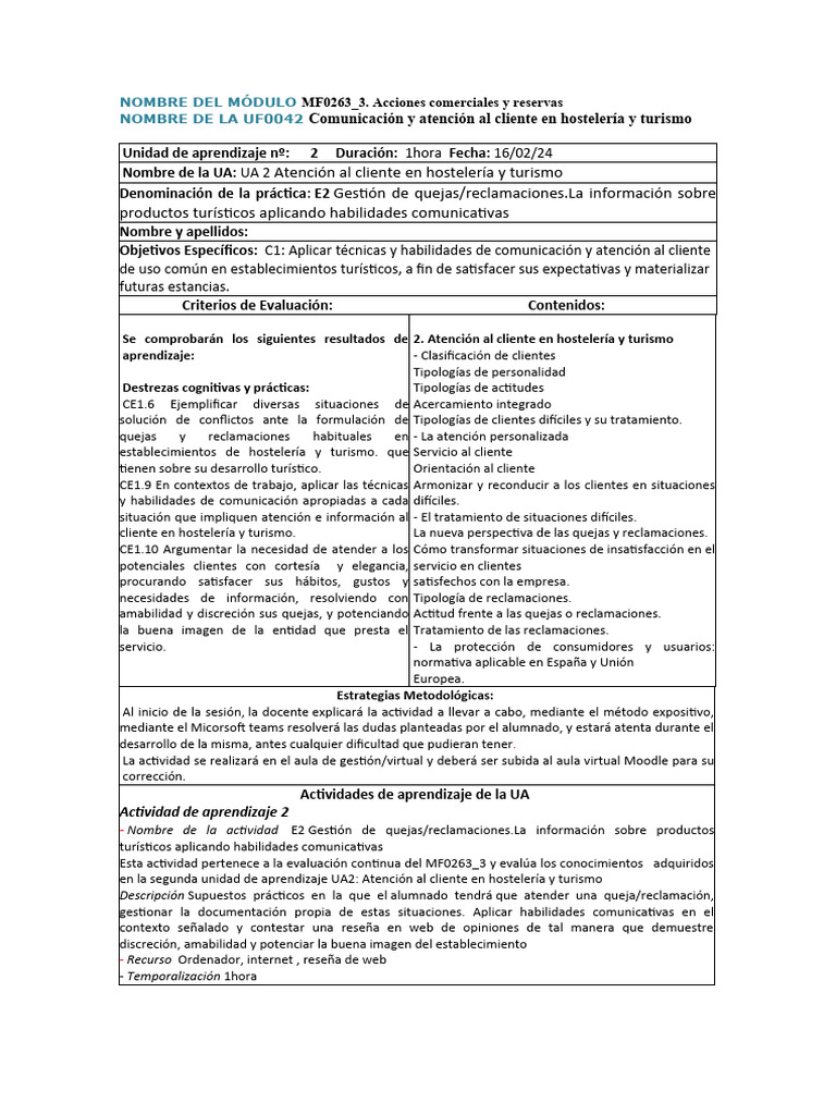 E2 Uf0042 | PDF | Turismo | Servicio al Cliente