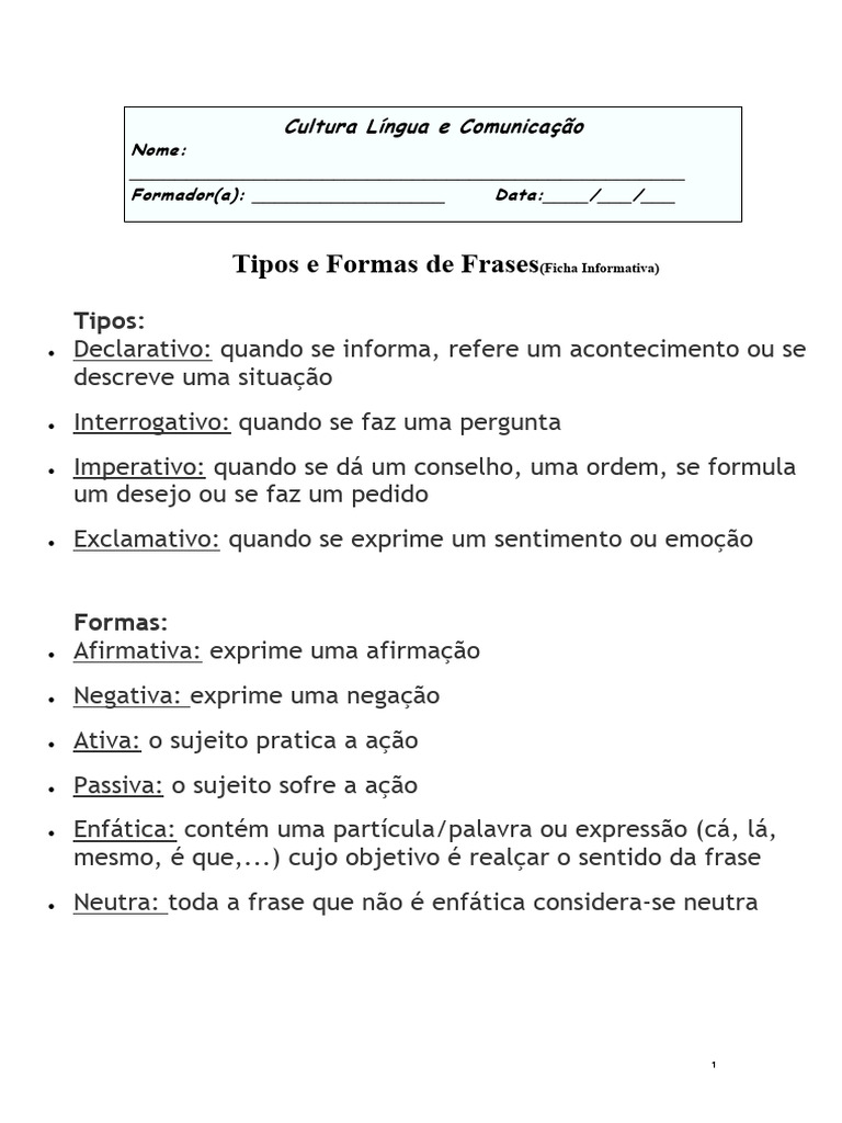 Tipos e Formas de Frases | PDF | Artes Linguísticas e Disciplina