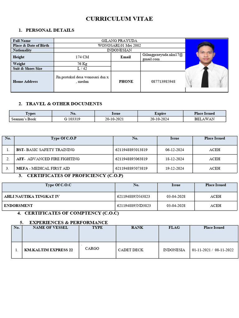 CV - Daily - Pelaut - Engine Cadet 2 | PDF | Shipping | Water Transport