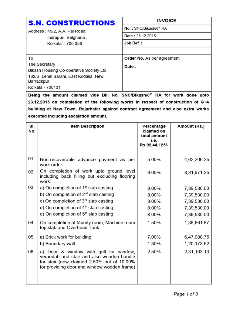 SN CONSTRUCTION Invoice Bikash 8 | PDF | Building | Architectural Elements
