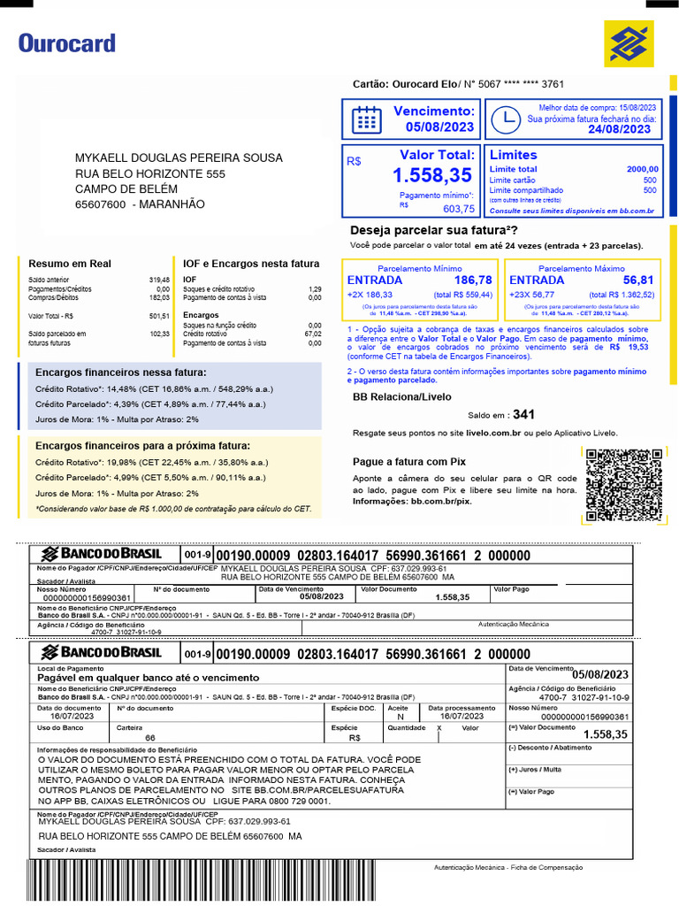 Fatura Cartão BB MYKAELL | PDF | Crédito rotativo | Economias