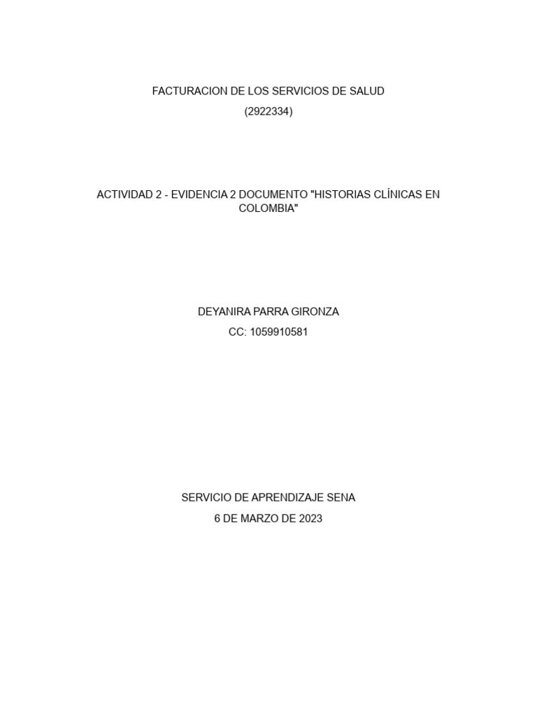 ACTIVIDAD 2 - EVIDENCIA 2 DOCUMENTO HISTORIAS CLÍNICAS EN COLOMBIA | PDF | Historial médico ...