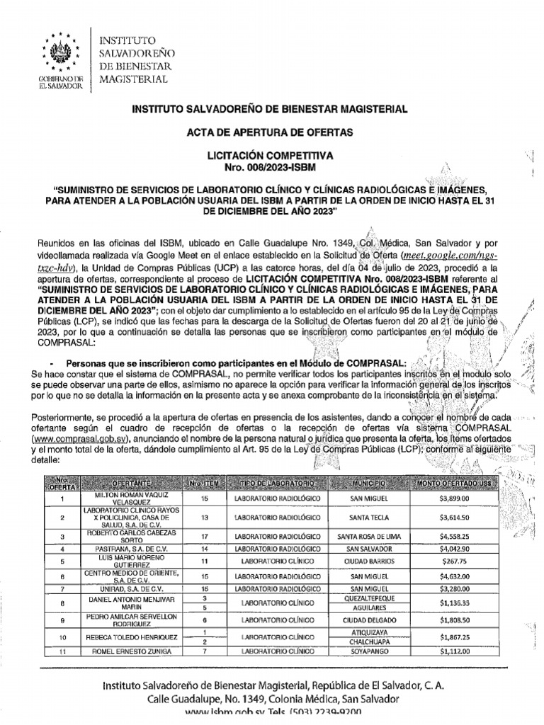 Acta de Apertura LC 008 2023 Isbm | PDF