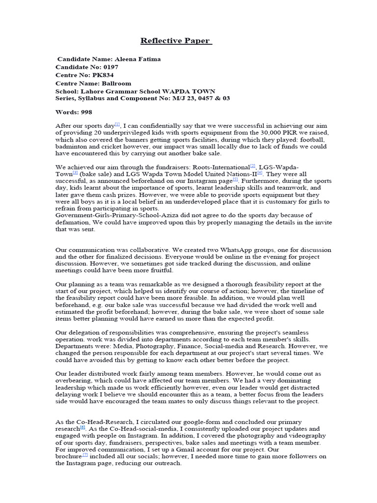 Reflective Paper on Sports Fundraising Efforts | PDF