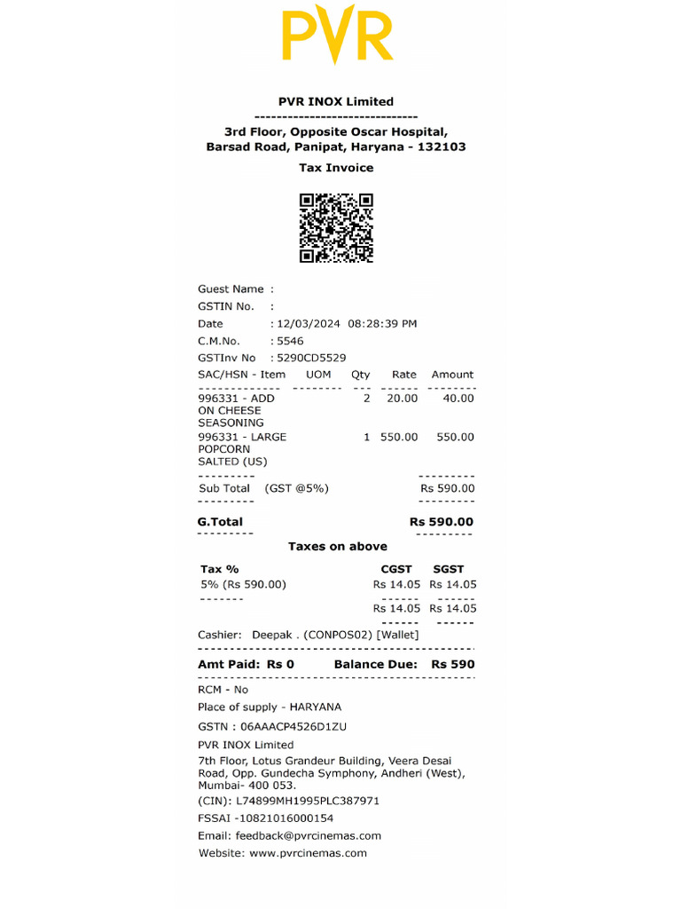 Pvr Popcorn Bill | PDF