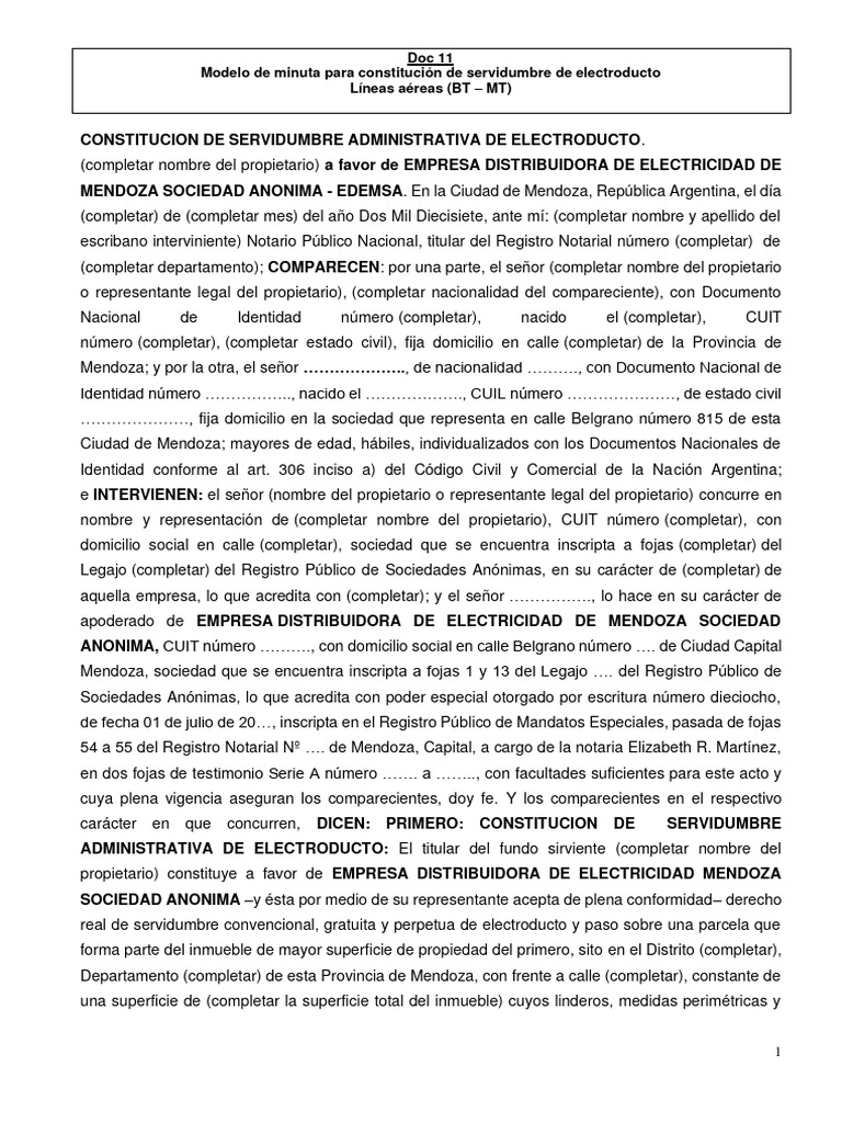 Minuta de Servidumbre de Electroducto | PDF | Transmisión de energía ...