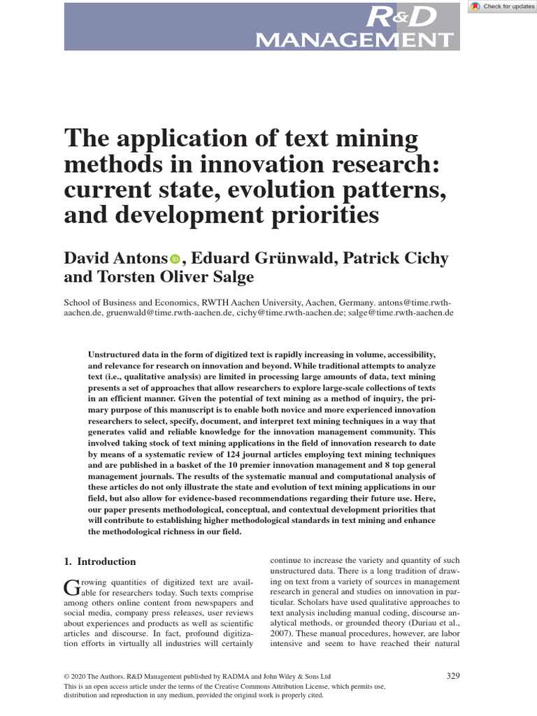 R D Management - 2020 - Antons - The Application of Text Mining Methods ...