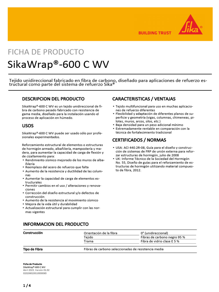 Sikawrap - 600 C WV | PDF | Albañilería | Hormigón