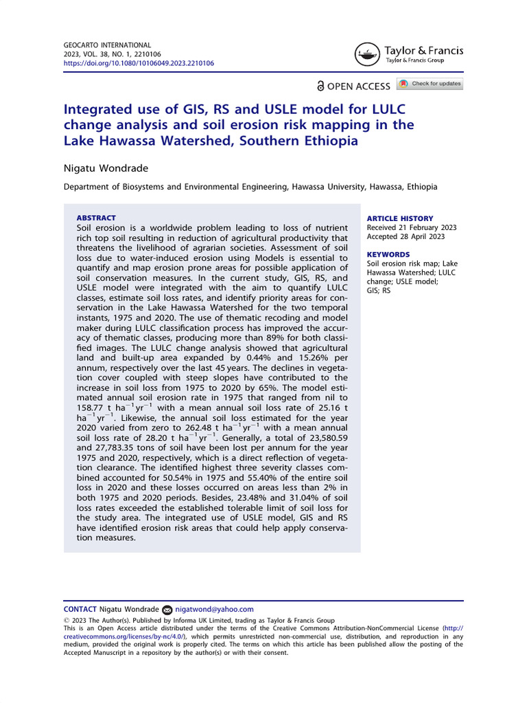 Integrated Use of GIS, RS and USLE Model For LULC Change Analysis and Soil Erosion Risk Mapping ...
