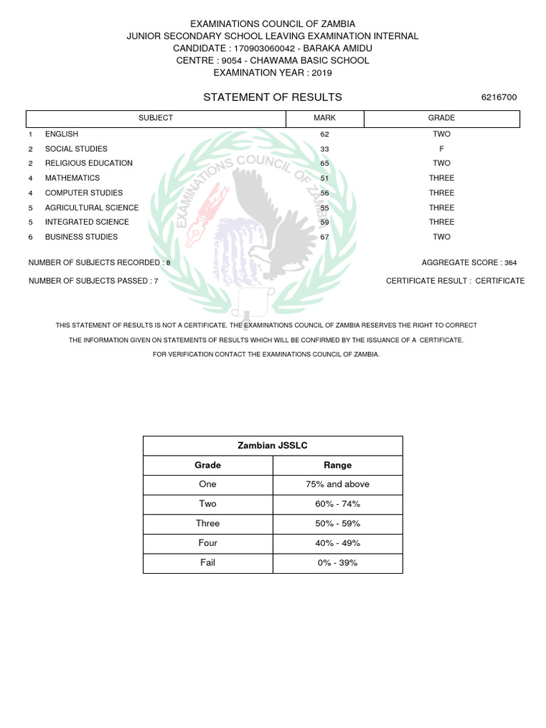 Baraka Amidu's JSSLC Results 2019 | PDF | Educational Stages