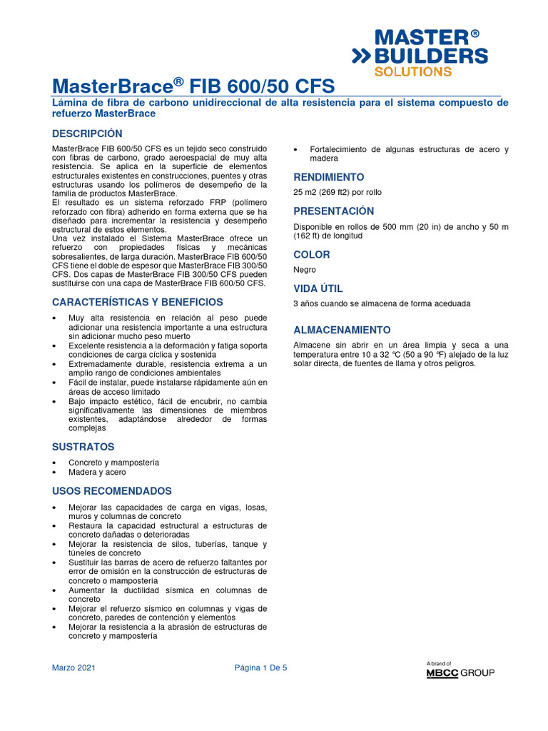 Masterbrace Fib 600 50 Cfs Tds - SP | PDF | Hormigón | Albañilería