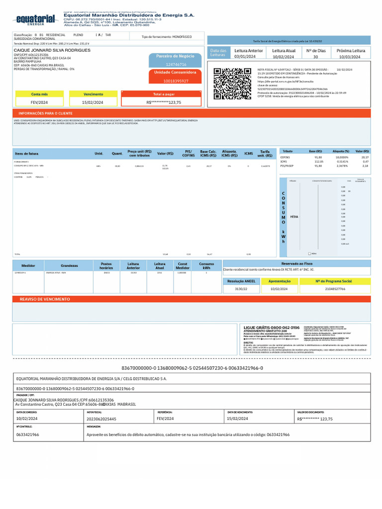 Modelo Fatura Equatorial PDF - FEV | PDF