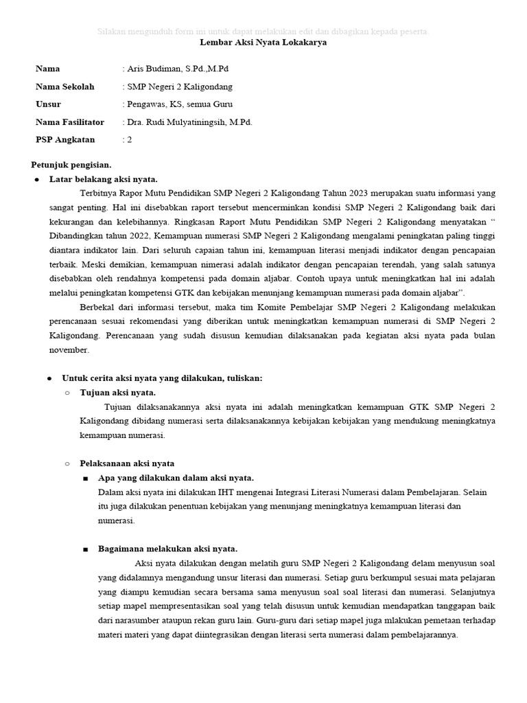 Lembar Aksi Nyata Lokakarya Perencanaan Berbasis Data - Aris Budiman | PDF