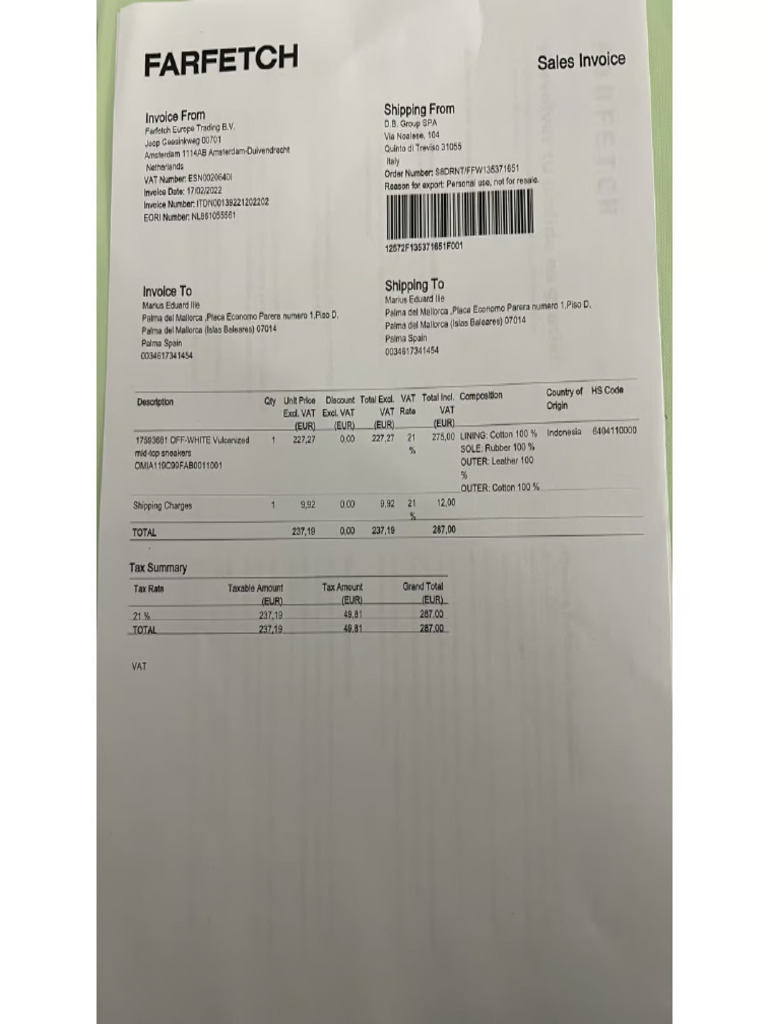 Facture Farfetch | PDF