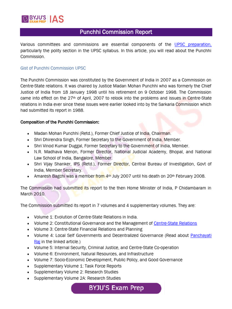 UPSC Guide: Punchhi Commission Insights | PDF | Presidents Of The ...