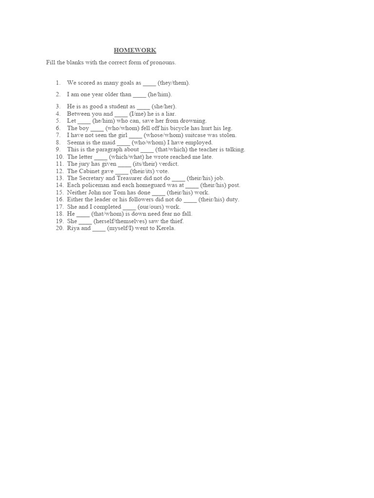 Pronoun Usage Homework Exercise | PDF | Language Arts & Discipline