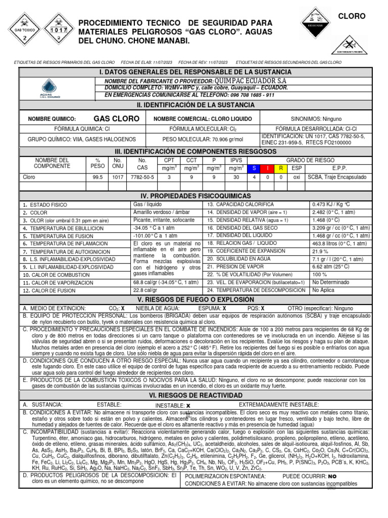 Cloro (MSDS) | PDF | Agua | Cloro