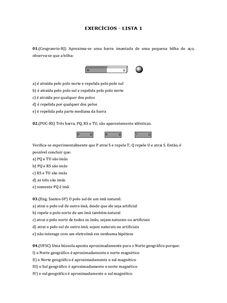 Exercicios de Eletromag. Magnetismo 1 | PDF | Campo magnético | Magnetismo