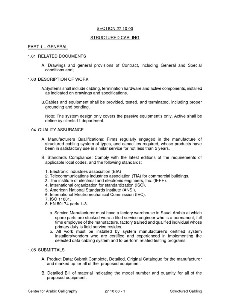 27 10 00 Structured Cabling | PDF | Electrical Connector | Optical Fiber