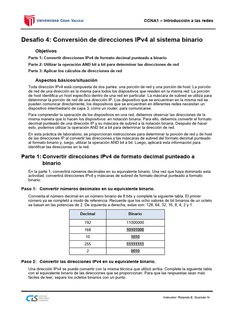 Examen de Habilidades 2 - Conversión de Direcciones IPv4 Al Sistema Binario | Descargar gratis ...