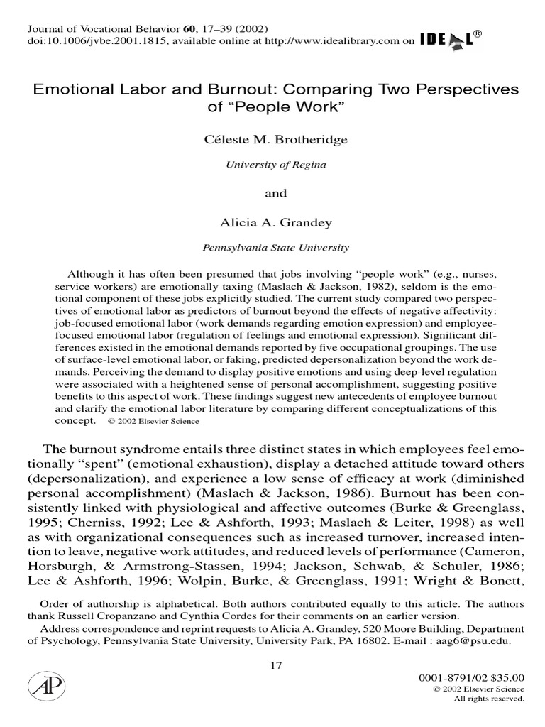 Brotheridge&Grandey JVB | PDF | Occupational Burnout | Emotions