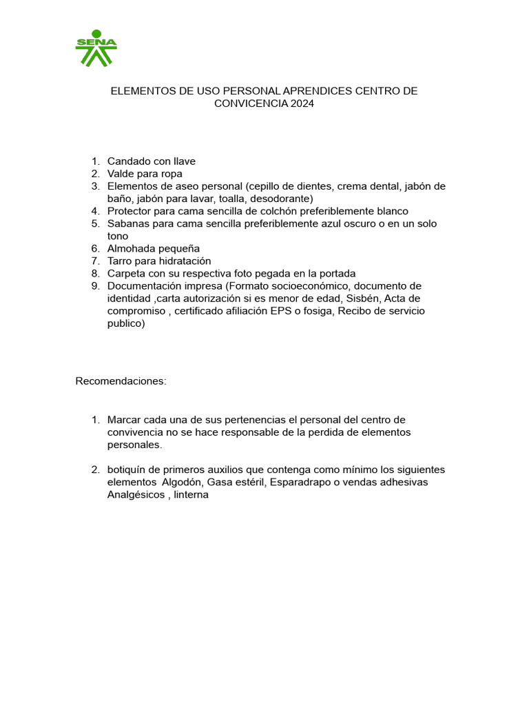 Elementos de Uso Personal Aprendices Centro de Convicencia 2024 | PDF ...