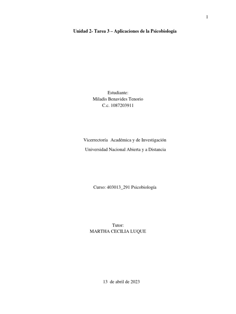 Miladis Benavides Unidad 2 - Tarea 3 - Aplicaciones de La Psicobiología ...