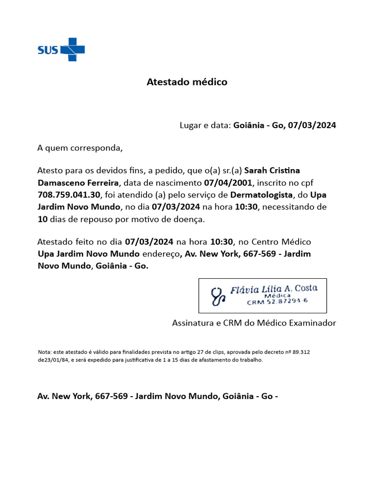 Atestado Medico Gratis Para Trabalho