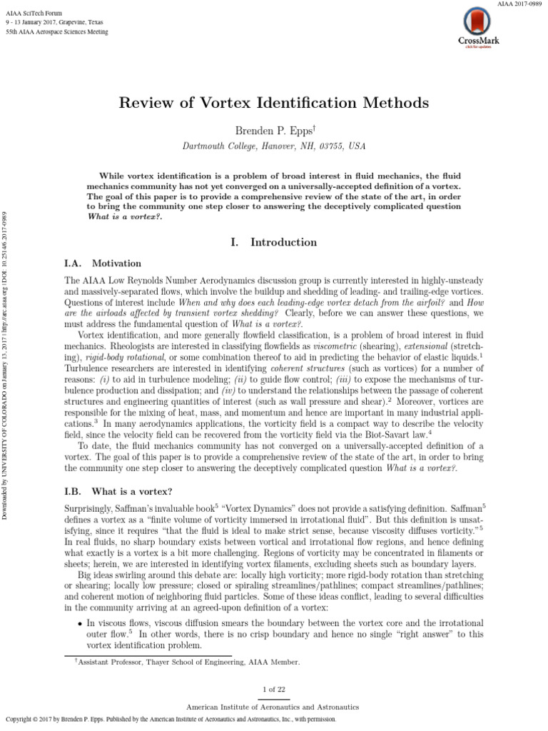 Review of Vortex Identification Methods: Brenden P. Epps | PDF | Vortices | Dynamics (Mechanics)