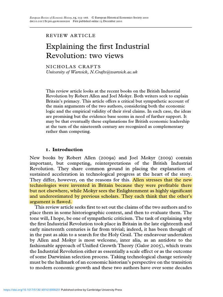 Explaining The First Industrial Revolution. Two Views - Nicholas Crafts (ANOTADA) | PDF ...