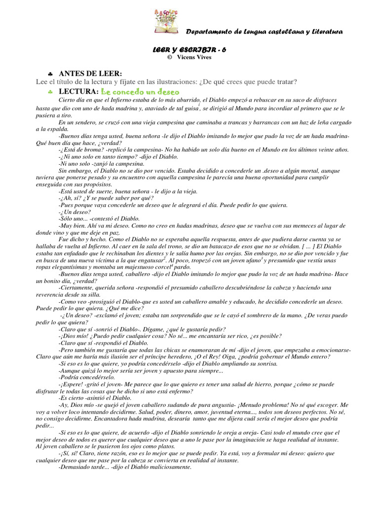 Lectura y 8 Ejercicios de Comprension Lectora 2 ESO para Imprimir | PDF | Diablo