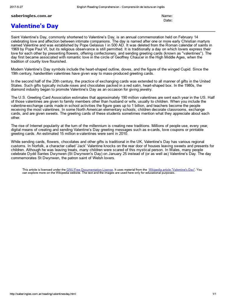 English Reading Comprehension - Comprensión Lectora 2 | PDF | Valentine ...