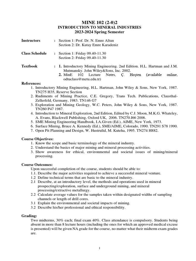 MinE 102 Syllabus - 2023-2024 Spring | PDF | Mining | Natural Materials