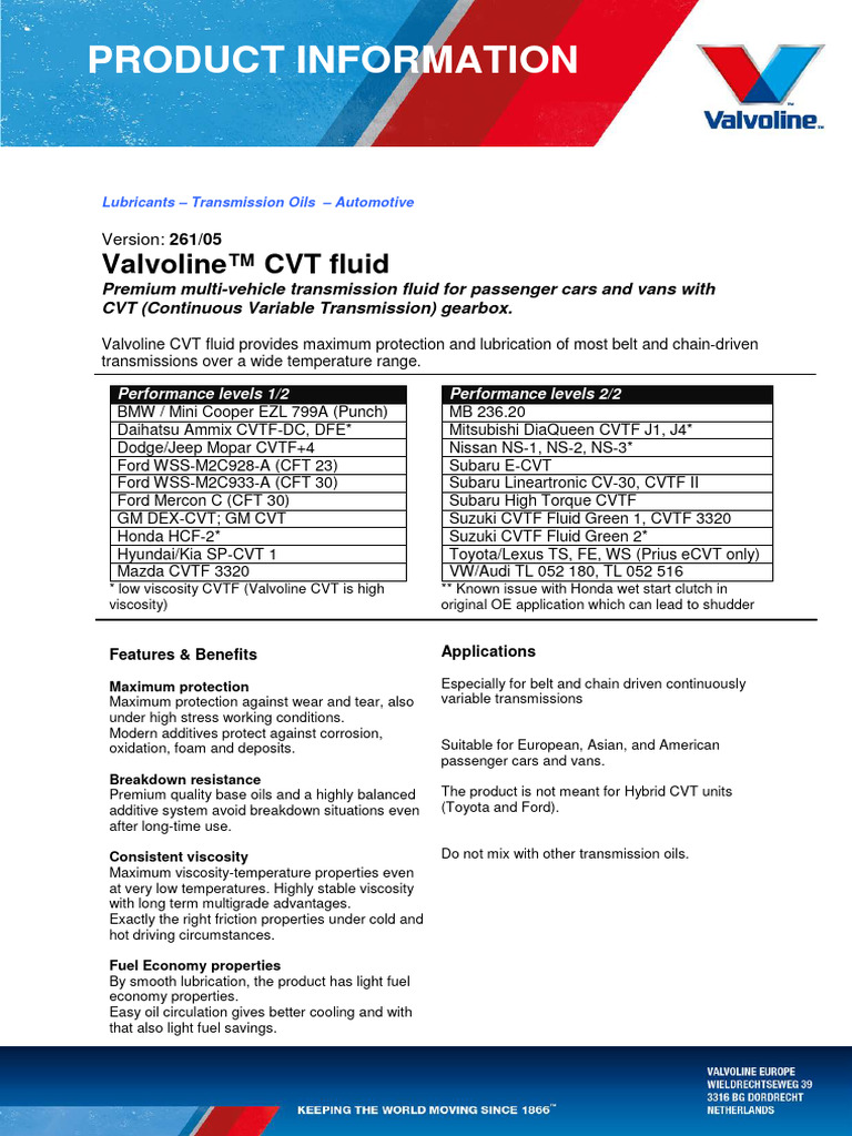 Product Information: Valvoline™ CVT Fluid | PDF | Lubricant | Land Vehicles