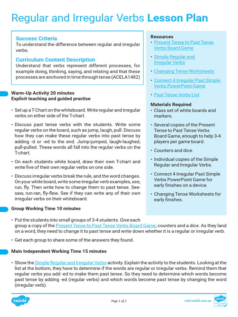 Au L 1651466292 Regular and Irregular Verbs Lesson Plan - Ver - 2 | PDF ...
