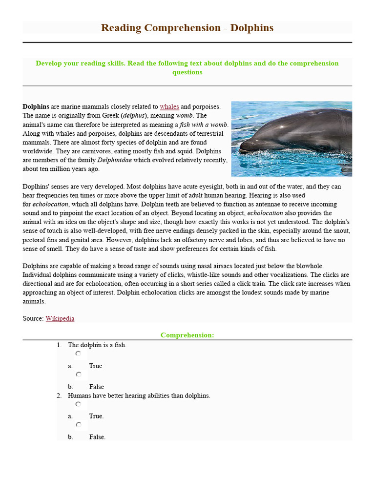 English Reading Comprehension - Dolphins | PDF | Dolphin | Marine Mammals