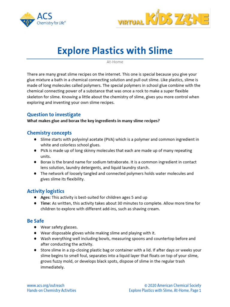 Kids Zone Explore Plastics With Slime Athome | PDF | Chemistry ...