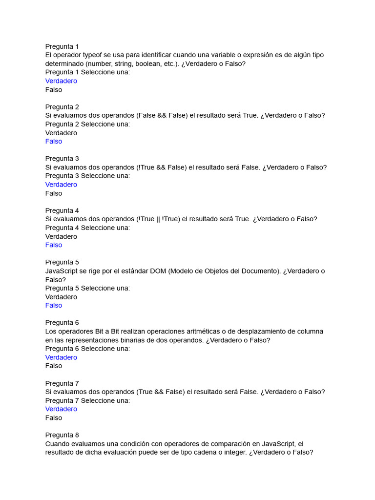 Preguntas de Verdadero o Falso en JavaScript | PDF | Script Java ...