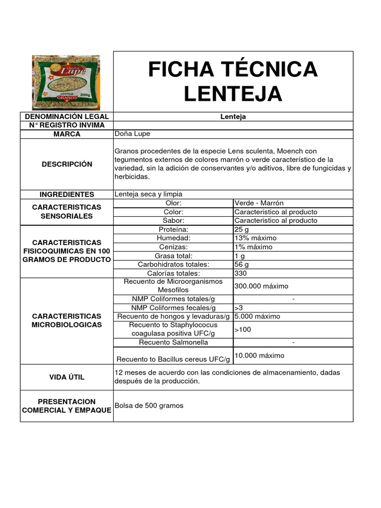 Ficha Técnica de Lenteja Doña Lupe | PDF