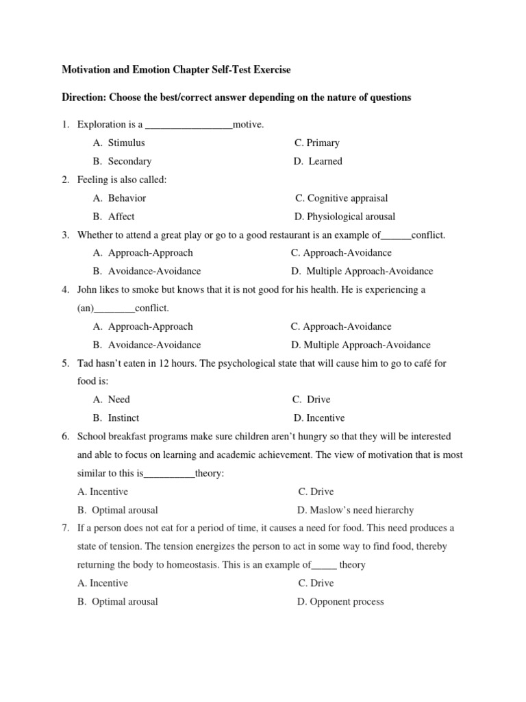 Motivation and Emotion Self-Test Answers | PDF | Emotions | Motivational