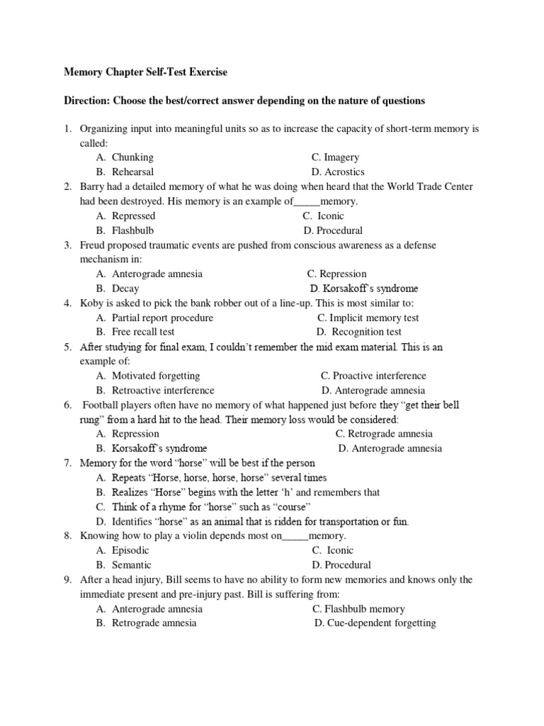 Memory Chapter Practice Test | PDF | Memory | Recall (Memory)